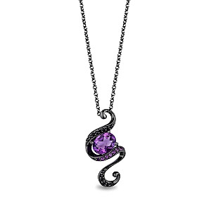 Jewelili Enchanted Disney Fine Jewelry Black Rhodium over Sterling Silver 8x6 MM Oval Shape Amethyst and 1/10 Cttw Treated Black Round Diamond Ursula Pendant Necklace, 18" Cable Chain