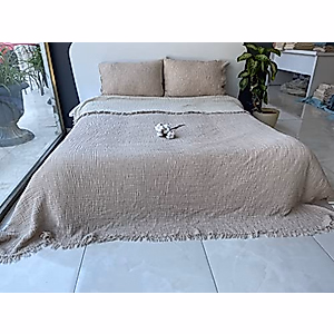 Muslin Blanket 100% Cotton, 4 Layers Bedspread, Soft Turkish Cotton Muslin Bed Cover, Reversible Coverlet, Beige (King Size 95x102-230x260cm)