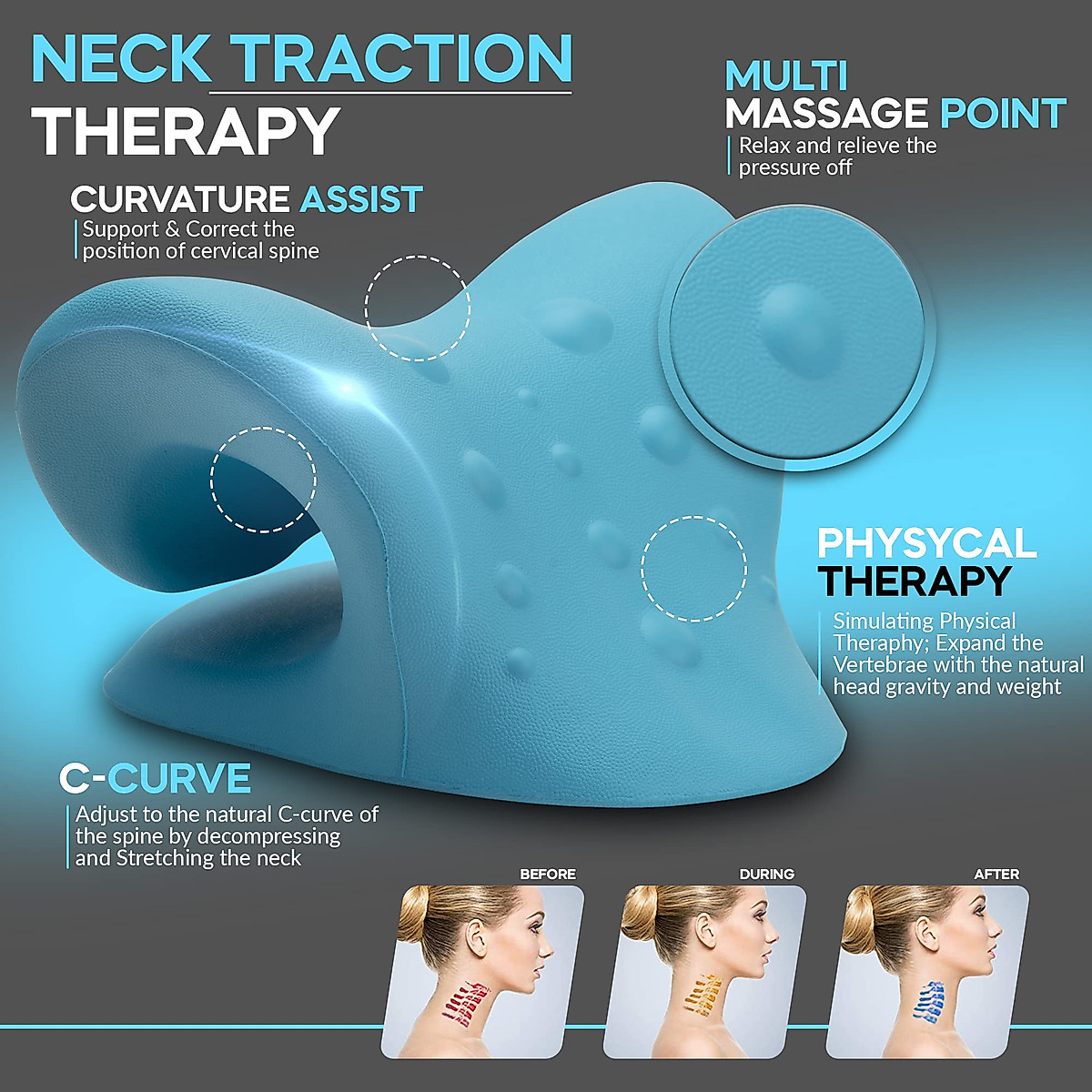 Neck Stretcher Cervical Traction, FSA HSA Eligible, Neck and Shoulder Relaxer for Pain Relief, Ergonomic Neck Pillow, Neck Hump Corrector, Cervical Spine Alignment, Neck Curve Corrector (Light Blue)