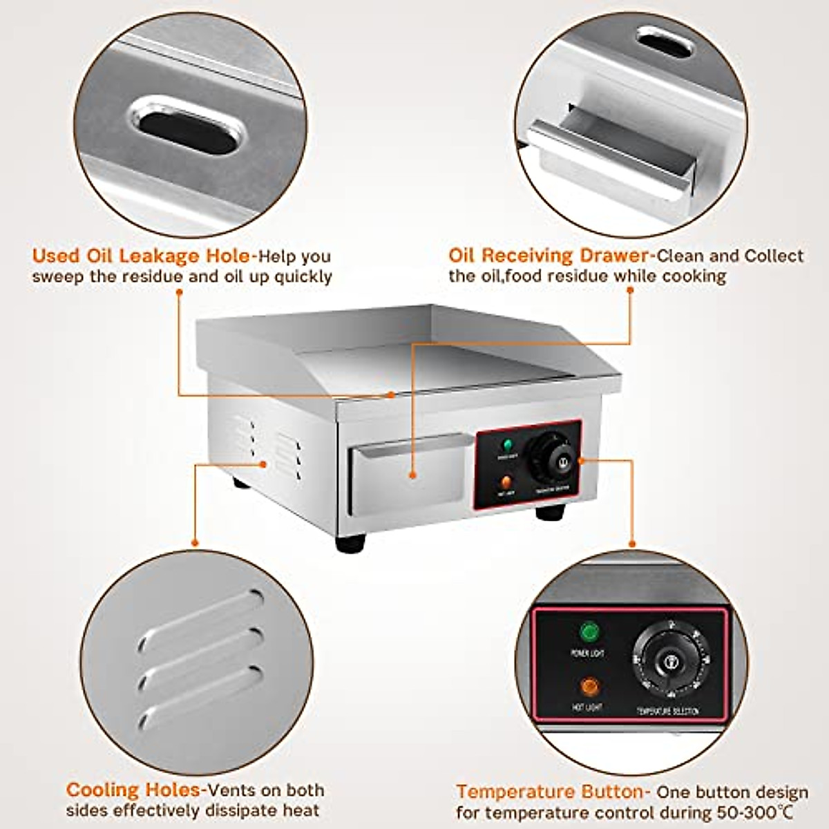 PNKKODW 1500W Commercial Griddle,14” Electric Griddles Grill,Commercial Flat Top Griddle Countertop Griddle Hot Plate Kitchen Stainless Steel Restaurant Grill with Griddle Accessories