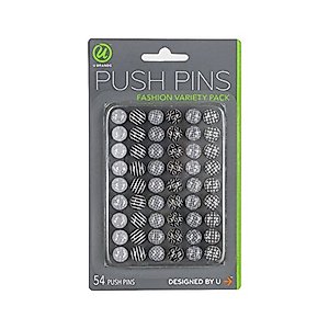 U Brands Fashion Steel Push Pins, Black White & Gray Fashionable Assorted Colors, 54 Count - 575U06-24