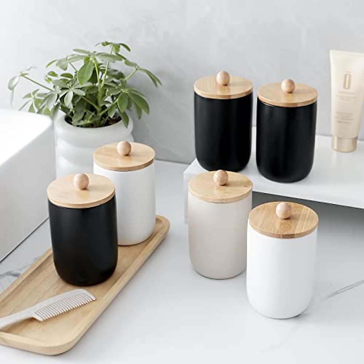 JiatuA Qtip Holder Dispenser with Bamboo Lids, Matte Black Ceramic Apothecary Jar Containers Cotton Ball Holder for Vanity Makeup Organizer Bathroom Canister Storage Farmhouse Decor, 2 Pack