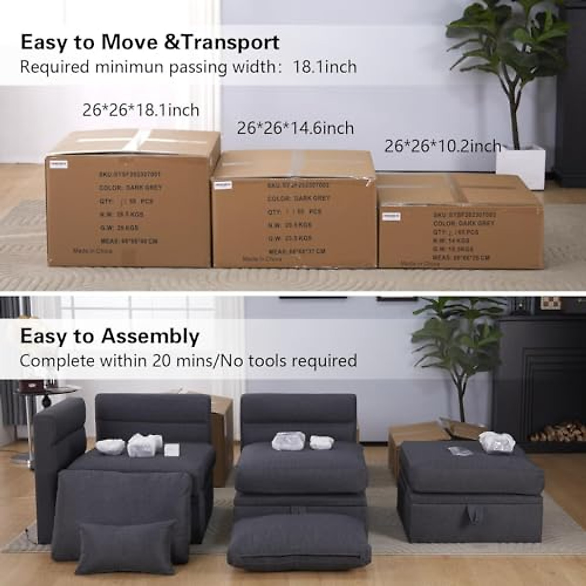 RVEE U-Shaped Convertible Sectional Sofa with USB Charging Station Wide Chaise Lounge Modern Modular Couch with Ottomans Sleeper Sofa with Storage Seat (Dark Gray, U-Shaped 7 Seater B)