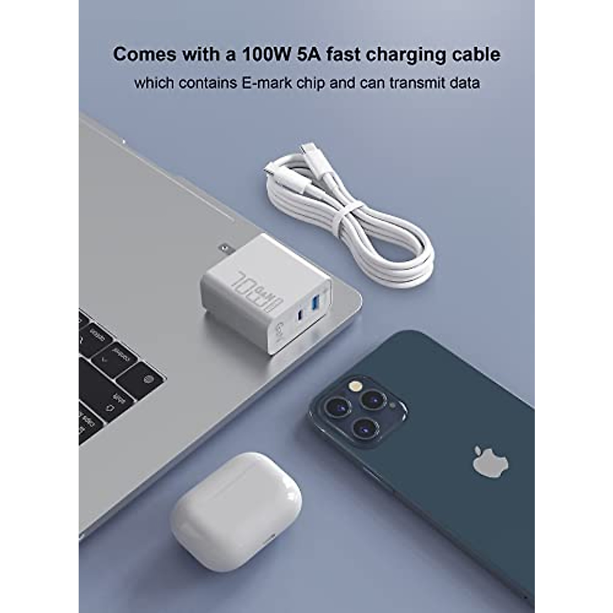 70W USB C Charger, GaN Charger PD USB C Fast Charger 2 Ports Power Adapter Foldable (Works with 65W) Compatible with MacBook Pro, Dell, Huawei, Xiaomi, iPhone 13/14, iPad Pro, Galaxy S22