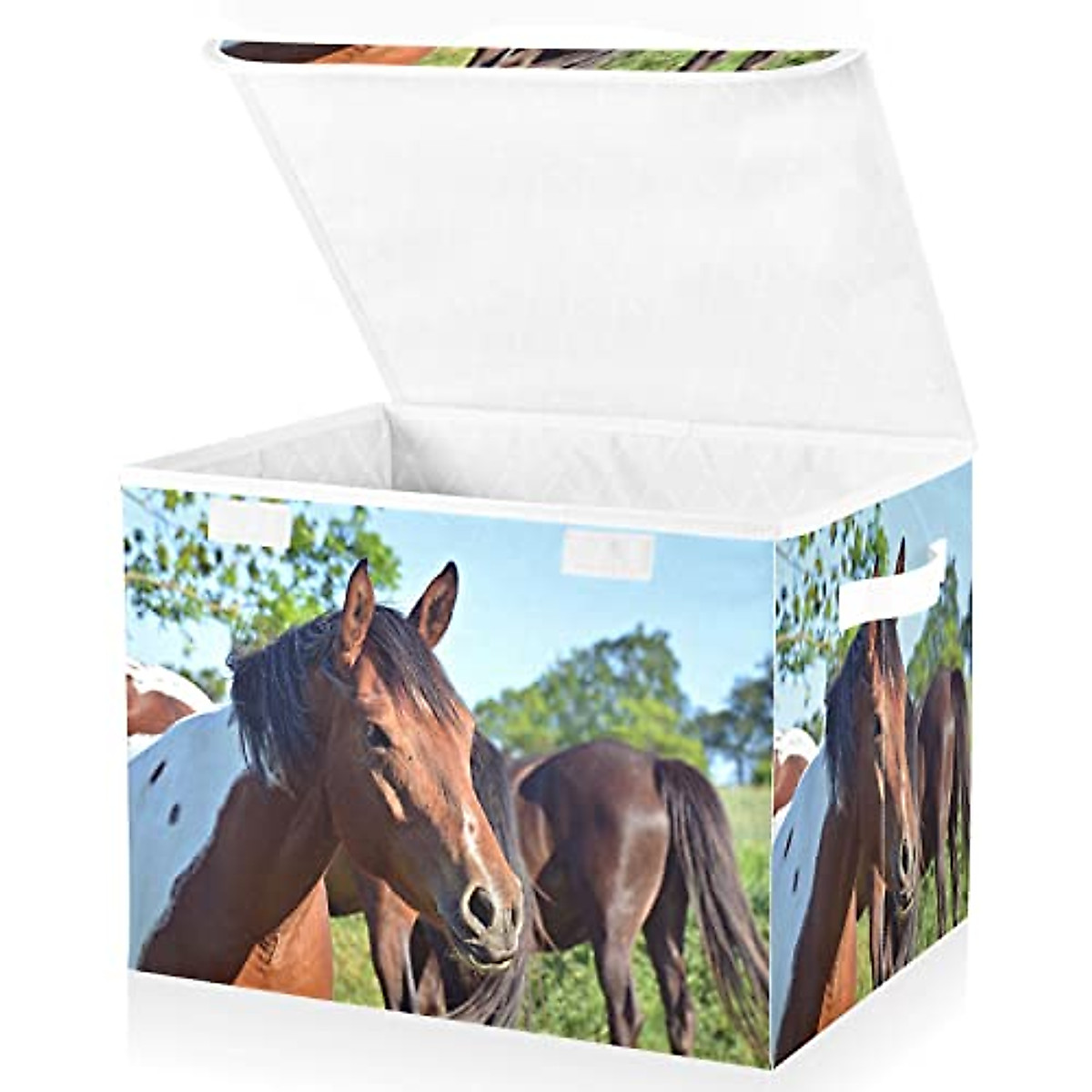Kigai Storage Basket Funny Horse Storage Boxes with Lids and Handle, Large Storage Cube Bin Collapsible for Shelves Closet Bedroom Living Room, 16.5x12.6x11.8 In