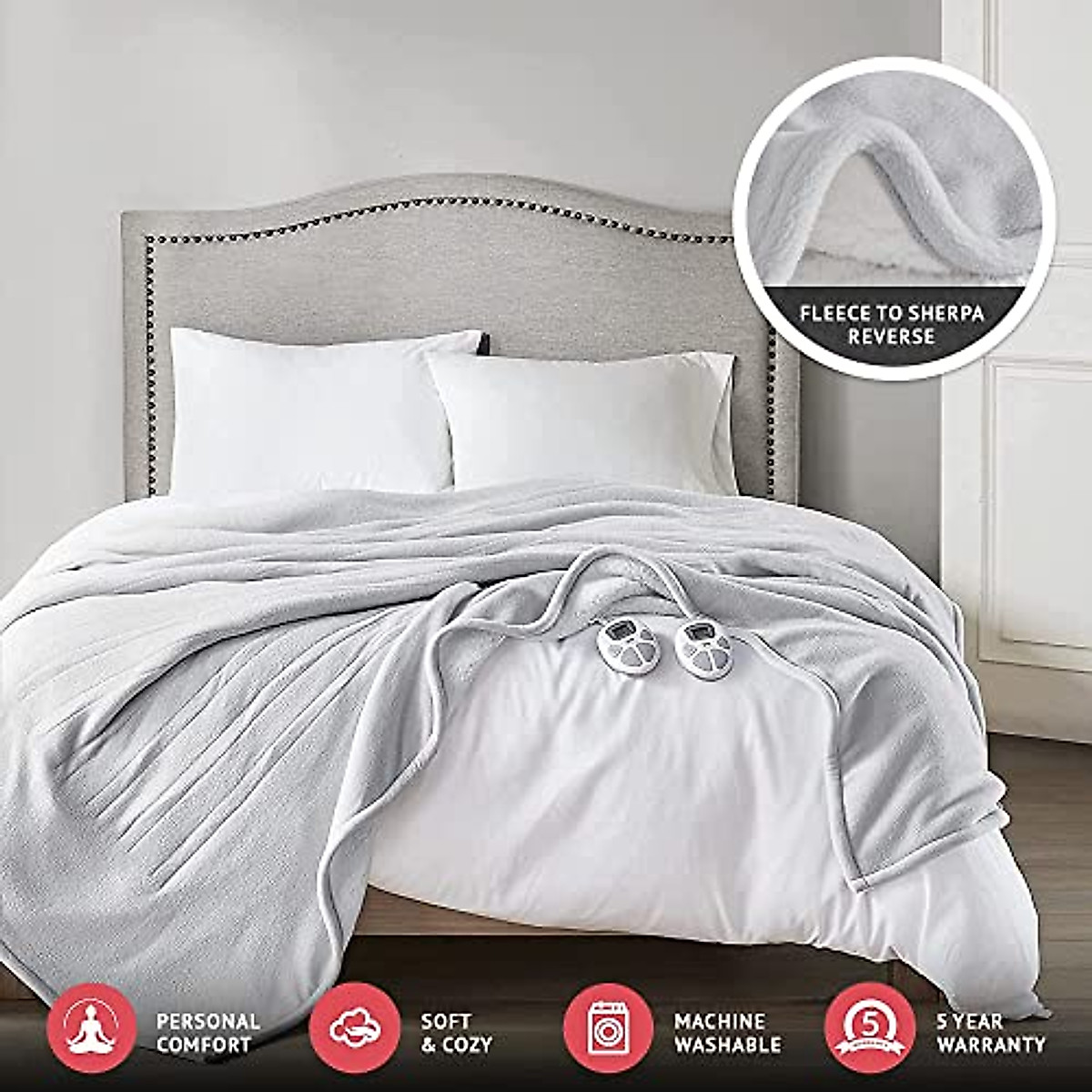 Serta Reversible Fleece to Sherpa Electric Blanket Fast Heating Soft Cover, Safety Auto Shut Off Timer, Low EMF, Multi Heat Setting, ETL Certified, Machine Washable, Smoke Grey King (90 in x 100 in)