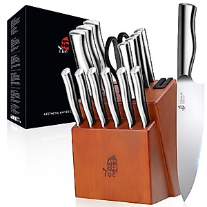 TUO Knife Block Set - 7 piece Kitchen Knife Set with Wooden Block, Kitchen Chef Knife Set - Ergonomic Pakkawood Handle - German HC Steel - BLACK HAWK SERIES with Gift Box