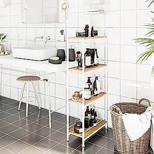 4 Tier Storage Shelves Plus Narrow Shelf Unit Metal Shelves Shelf Free Standing Shelf Organisers Modern Shelf Ladder Shelf Bookshelf for Bathroom Kitchen Bedroom Hallway Steel & Wooden White & Beige