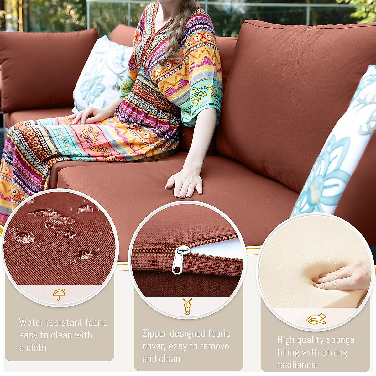 BULEXYARD High Back Brown PE Rattan Outdoor Patio Furniture Set with Propane Fire Pit Table, Large Wicker Outside Sectional Furniture Sofa Conversation Sets for Backyard(Dark Red, 9Pcs-B)