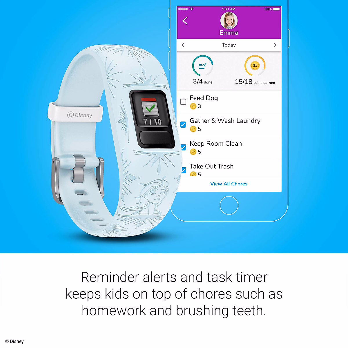 Garmin 010-01909-38 Vivofit Jr. 2, Kids Fitness/Activity Tracker, 1-Year Battery Life, Adjustable Band, Disney Frozen 2, Elsa, Light Blue