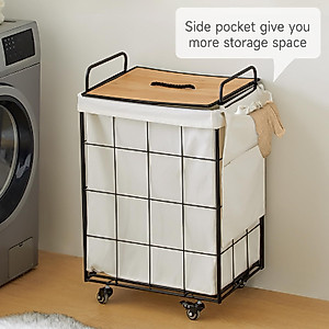 Laundry Hamper with Natural Bamboo Lid, 120L Laundry Basket with Heavy Duty Rolling Wheels, Dirty Clothes Hamper with Removable Liner Bag and Side Pocket, Laundry Sorter with Metal Handle