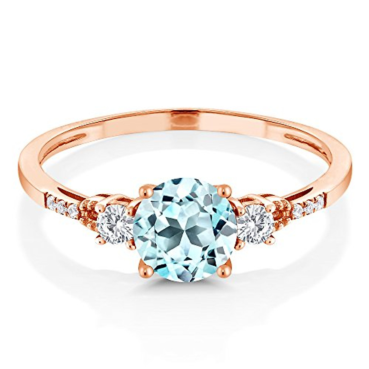 Gem Stone King 10K Rose Gold 6MM Round Gemstone Birthstone White Created Sapphire and White Diamond Accent 3-Stone Engagement Ring | Three-Stone Wedding Anniversary Promise Ring For Women