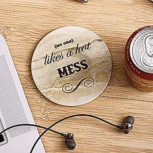 LIFVER Funny Coasters for Drinks with Holder, Set of 8 Marble Style Absorbent Drink Coasters with Cork Base, House Warming Gifts New Home, Perfect for Home Decor, Bar Coaster with 4 Sayings, 4 inch