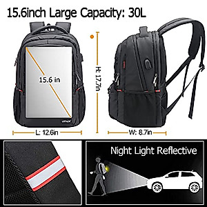 Urtala Travel Laptop Backpack with USB Charging Port, 15.6 Inch Business Computer Backpacks Large 30L Water Resistant Anti-Theft Hiking School College Bookbag for Men Women, Black