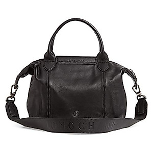 LongChamp Women's Le Pliage Black Leather Top Handle Leather Tote Handbag Medium