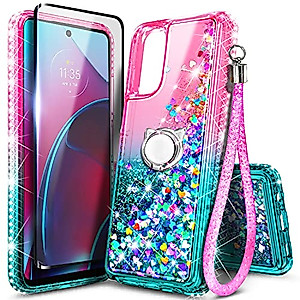 NZND Compatible with Motorola Moto G Stylus 5G (2022) Case with Tempered Glass Screen Protector (Maximum Coverage), Ring Holder/Wrist Strap, Glitter Liquid Floating Waterfall Cute Case (Pink/Aqua)