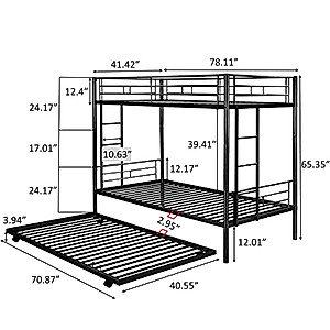 HICOMILA Metal Bunk Bed with Trundle, Twin Over Twin Bunk Bed for Kids, Teens, Adults, Can be Separate into Two Individual Twin Beds, Black