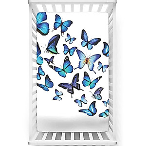 Butterflies Themed Fitted Mini Crib Sheets,Portable Mini Crib Sheets Soft and Breathable Bed Sheets-Baby Sheet for Boys Girls, 24“ x38“,Sky Blue Black Blue