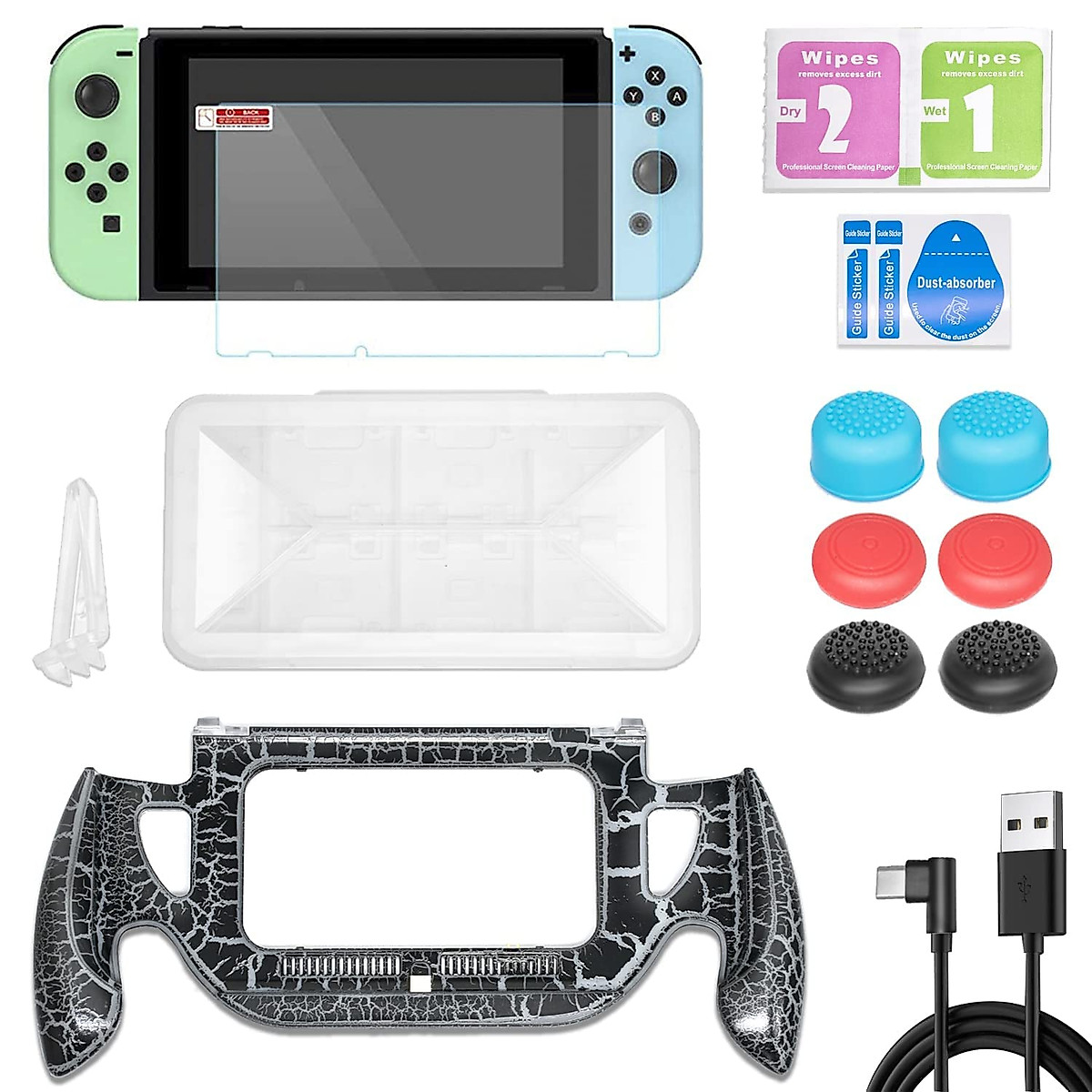 Grip Case with Stand for Nintendo Switch,Ergonomic Comfort Handles with Game Card Box USB C Charging Cable Protective Case Kit，with Tempered Glass Screen Protector & Thumb Grip Cap