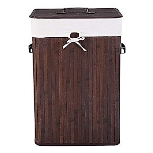 Laundry Hamper Bamboo Laundry Basket, Clothes Hamper with Lid and Removable Liner, Single Lattice Bamboo Folding Basket Body with Cover , Rectangle Clothes Bin for Laundry Room Bedroom (Dark Brown)