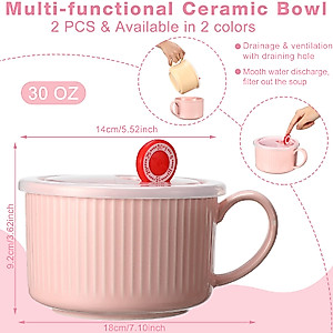 2 Pieces Ceramic Soup Bowls with Handles 30 oz Microwave Safe Bowl with Lid Microwavable Soup Mug with Lid Large Soup Cups for Ramen Noodle Cereal (Pink, Yellow)