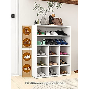 HAIOOU Shoe Cubby, 9-Cube Stackable Wood Shoe Rack Organizer 5-Tier Freestanding Wooden Shoe Stand with 2 Storage Shelf for 10-15 Pairs, Ideal for Apartment, Entryway, Closet Organization - White