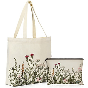 Sadnyy 2 Pcs Canvas Tote Bags Cute Aesthetic Floral Makeup Bags with Metal Zipper for Women Teacher Christmas Gift Shopping (Wildflower)
