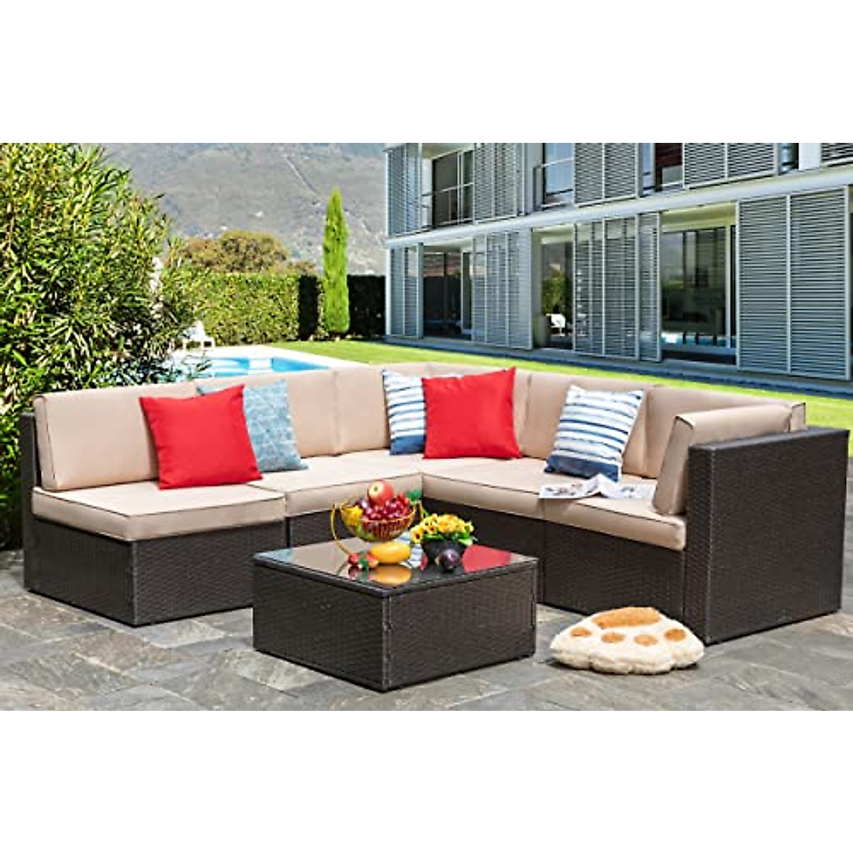 Vongrasig 6 Piece Patio Furniture Set, Small Outdoor Sectional Sofa Couch, All Weather PE Wicker L-Shaped Corner Patio Sofa Garden Backyard Patio Conversation Set w/Glass Table (Beige)
