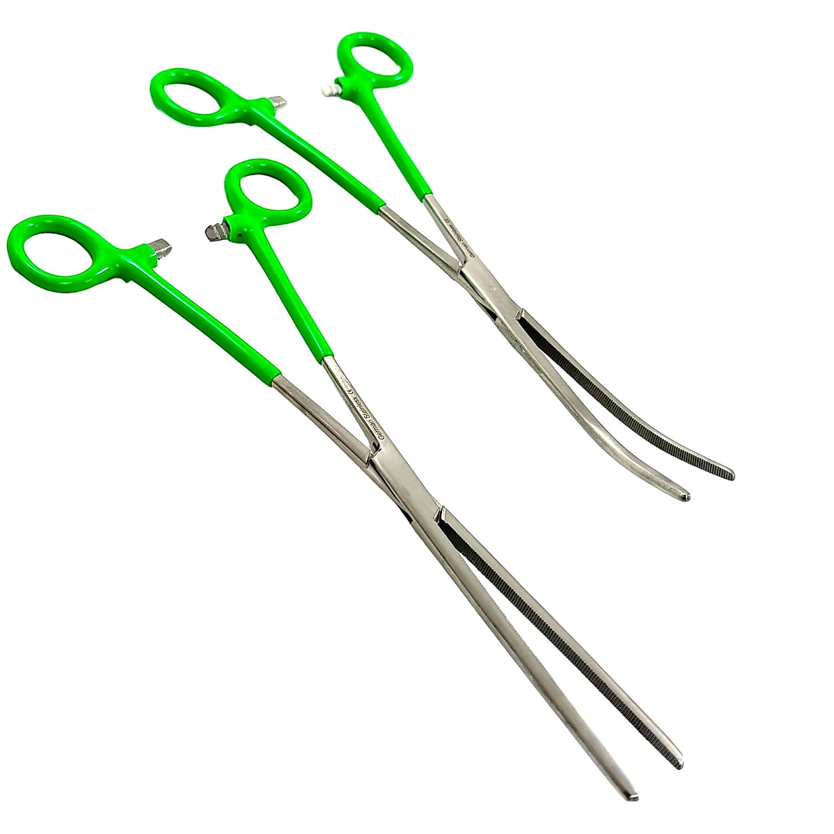 New Premium German Stainless Straight + Curved Hemostat Forceps, Hemostat Forceps clamp 10" (Cynamed Brand) Set of 2 ea-Green