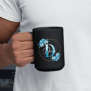 Personalized Initial Name Coffee Cup with Name, Custom Blue Floral Alphabet Ceramic Cups, Monogrammed Letter Mug Gift for Birthday, Customized Wreath Tea Cups Present, Black Coffee Mug 11oz or 15oz
