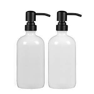CHBJDAN 2 Pcs Thick White Glass Pint Jar Hand Soap Dispenser Bathroom with Matte Black Stainless Steel Pump, 16oz White Colored Boston Round Bottles Dispenser with Rustproof Pump for Ktichen Dish