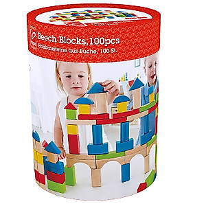 Hape Award Winning 100 PCs Wooden Building Block Set with Solid Storage Container| Learning Educational Toys for Kids