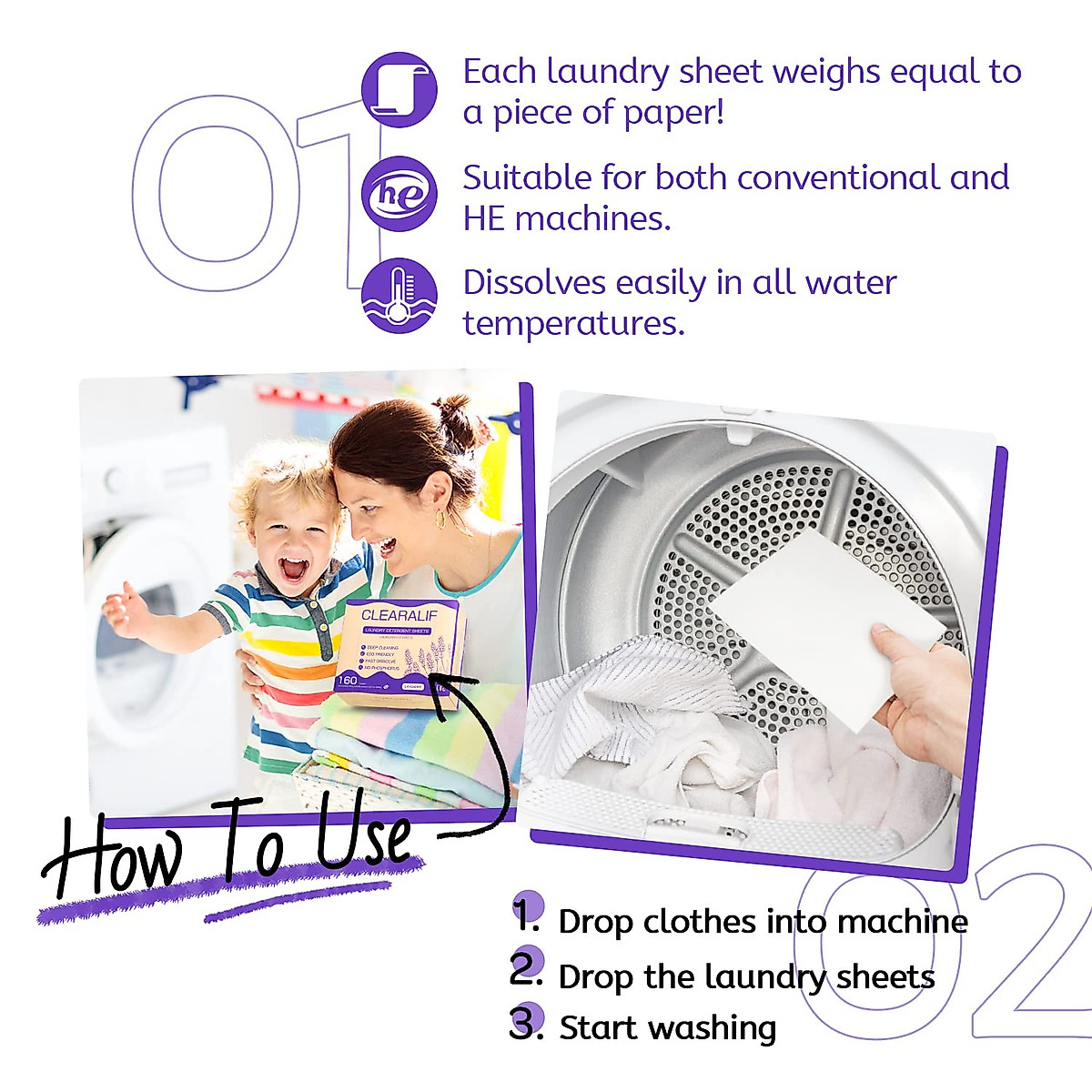 CLEARALIF Laundry Detergent Sheets 80 Sheets (Up to 160 Loads), Lavender - Great For Apartments, Dorms,Laundry Sheets Eco Friendly