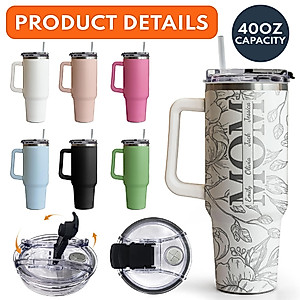 Pandzee Personalized Engraved 40oz Tumbler, Custom Kids' Names Tumbler, Floral Mom Mother's Day Gifts, Gift for Grandma Grandmother