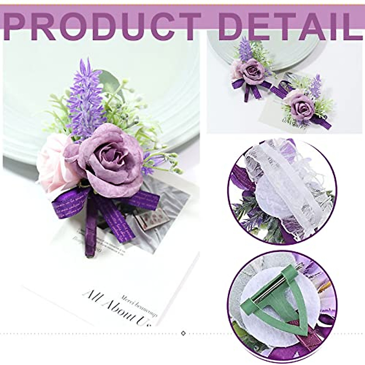 lengenyen 2Pcs Purple Wrist Corsage and Boutonniere Set, Artificial Rose Flower Corsage Wristlet and Men's Boutonniere Set for Wedding Prom Anniversary Homecoming Formal Dinner Party