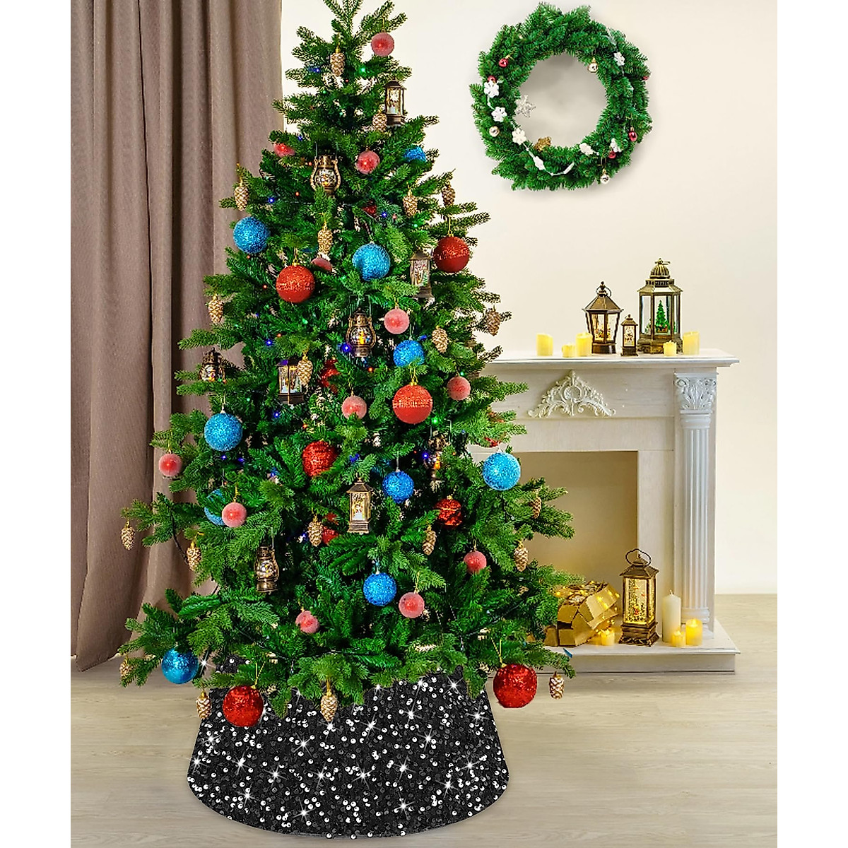 FANPROMS Black Christmas Tree Collar 23.6 Inches Diameter Base Glittery Sequins Xmas Tree Ring for Rustic Artificial Tree Skirt Woven Tree Bark Collar Thick Velvet Tree Cover Supply