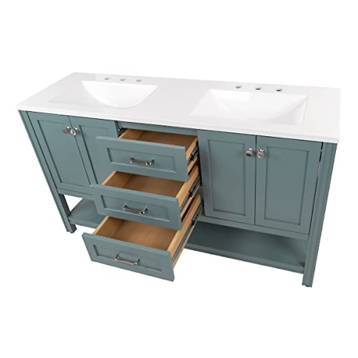 Spring Mill Cabinets Eaton Double Bathroom Vanity with 2 Cabinets, 3 Drawers, Open Shelf, Sink, 60.25" W x 18.75" D x 35.41" H, Sage/White Top