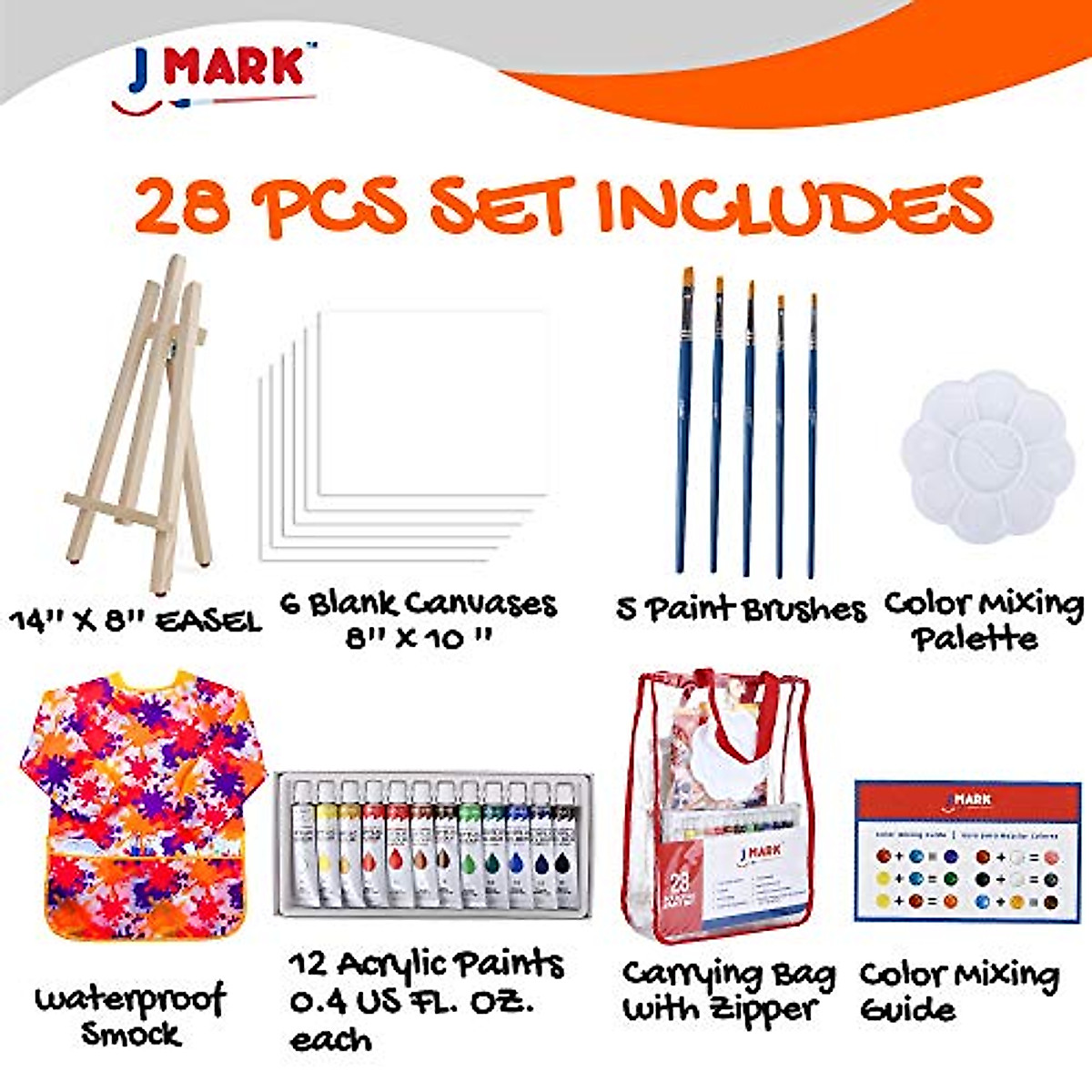 J MARK Ultimate Kids Paint Set – Complete Acrylic Paint Set for Kids, Includes Washable Paints, Storage Bag, Wood Easel, Canvas and More