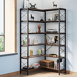 Wildhome 6-Shelf Corner Bookshelf, Vintage Industrial Corner Bookshelf Etagere Bookcase, Large Book Shelf with Metal Frame Open Storage Corner Cabinet for Living Room Home Office（Retro Brown）