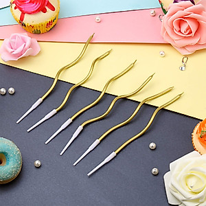 BBTO 48 Pieces Twisty Birthday Candles Spiral Cake Candles with Holders Metallic Cake Cupcake Candles Long Thin Curly Coil Cake Candles for Birthday, Wedding Party and Cake Decoration (Metallic Gold)