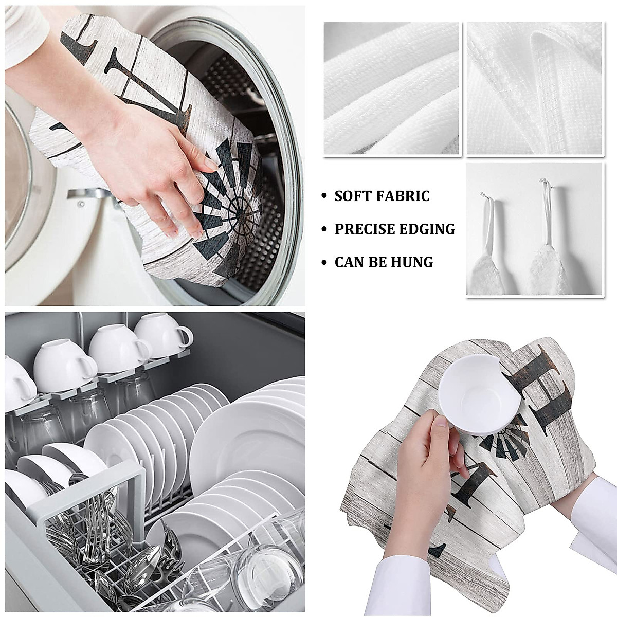 Windmill Farmhouse Kitchen Towels, Set of 2 Hand Drying Towel, Soft Absorbent Multipurpose Cloth Tea Towels for Cooking Baking, Countryside Vintage Wood Plank Washable Dish Towels Cloth 18x28 Inch