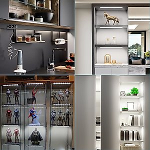 JUSJUBR 4-Pack Cold White Display Shelf Lights, Under Shelf Lighting with Memory Function, 12 Inch 6000K Plug-in Bookshelf Lighting, LED Cabinet Lights for Display Case/Pantry/Closet/Safe