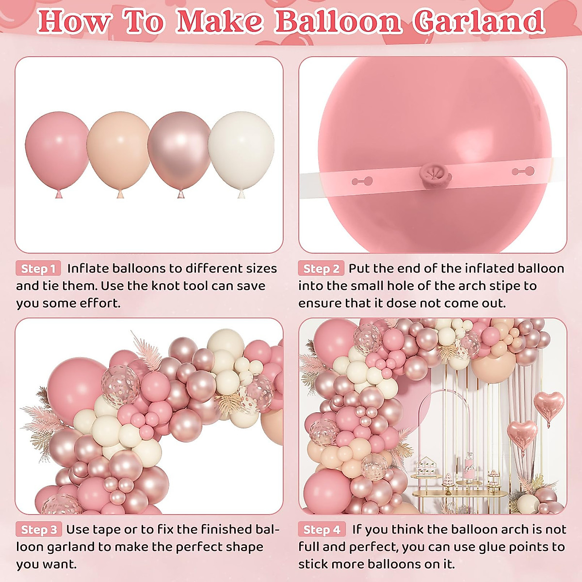 Ouddy Life Dusty Pink Balloons Arch Kit, Different Sizes 18 12 10 5Inch Blush Pink Rose Gold Nude Ivory Confetti Latex Heart Foil Balloon for Girls Wedding Baby Shower Boho Birthday Party Decorations