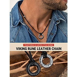 Viking Runes Necklace with Leather Neck Chains Black Stainless Steel Nordic Mythology Rune Charms
