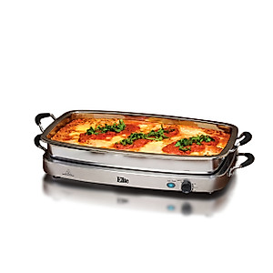 Elite Gourmet EWM-9933 Triple 3 x 2.5 Quart Trays Buffet Server 7.5 Qt Oven Safe Pan Food Warmer, Temperature Control, Clear Slotted Lids, Perfect for Parties, Entertaining & Holidays, Stainless Steel