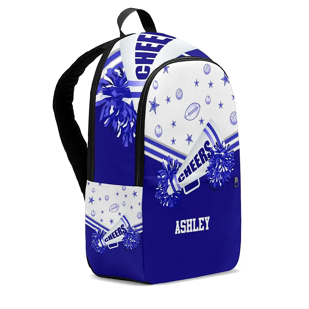 Urcustom Personalized Name Cheerleader Football Basketball Blue Backpack Unisex Bookbag for Boy Girl Travel Daypack Bag Purse 17.7 IN