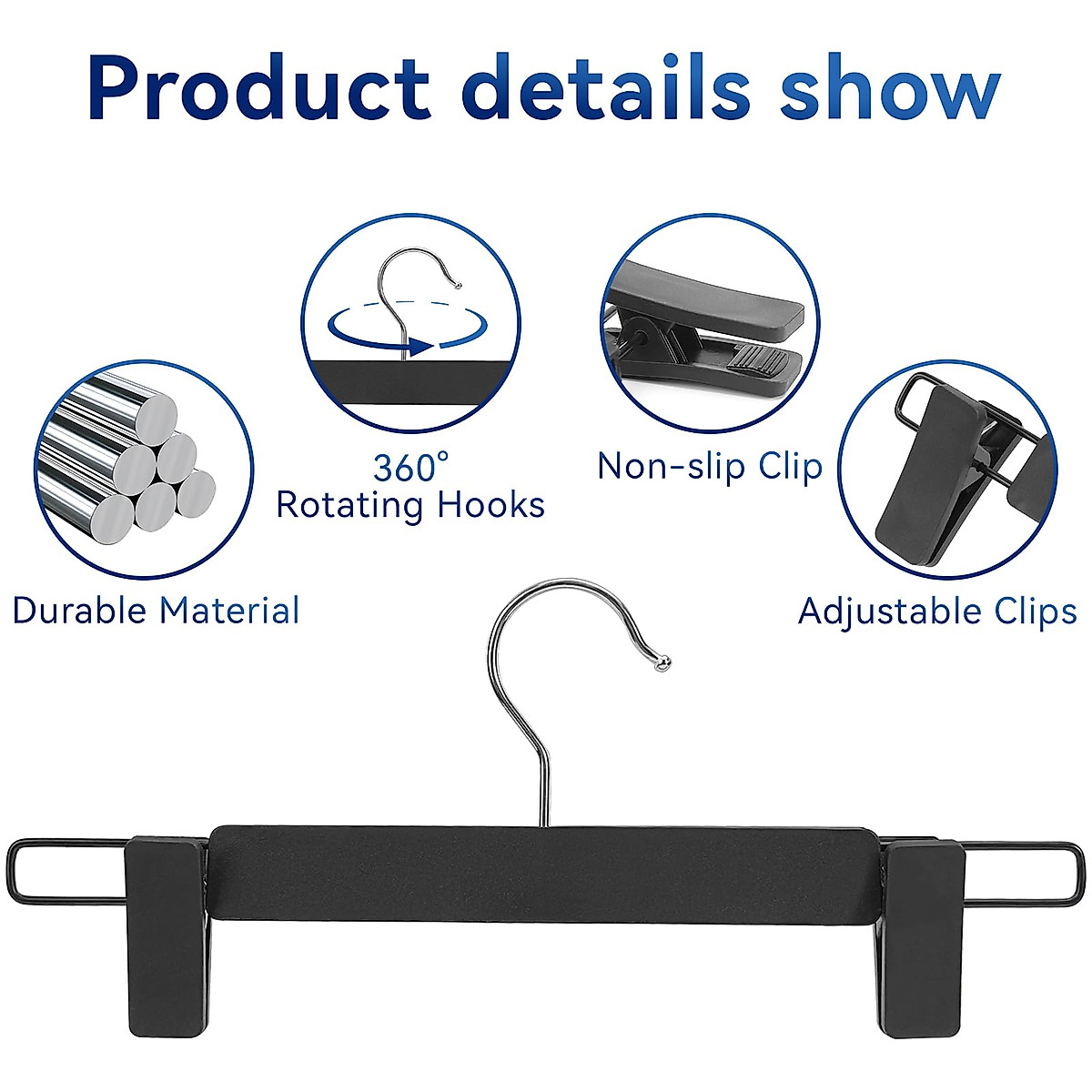 30 Pack Shorts Hangers with Clips, ZOUTOG Plastic Space Saving Hangers for Shorts Adjustable Clips, Non Slip Pants Hangers with Clips, Shirts, Dresses, Coats, Kids Clothes, Trouser & More, Black