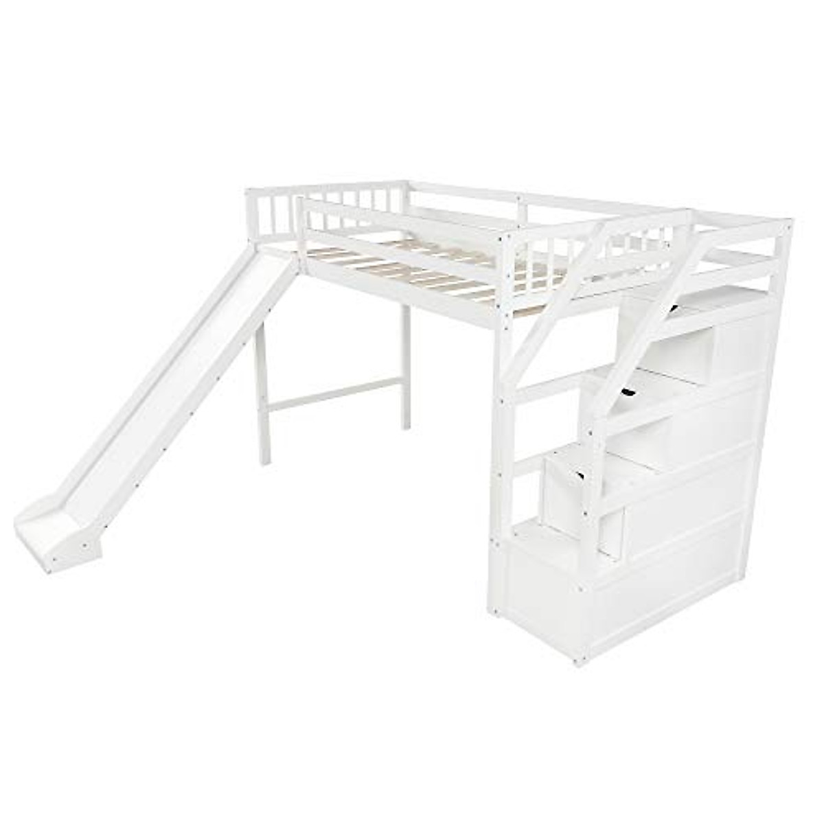 Merax Twin Size Loft Bed Frames with Silde, Staircase and Safety Guardrails No Box Spring Needed for Teens, Boys or Girls, White