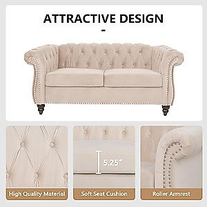 QHITTY Accent Sofa, Chesterfield Loveseat Modern Velvet Couch Upholstered Sofa with Tufted Back for Living Room Furniture (Beige)