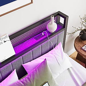 BOFENG Full Size Bed Frame with Storage Headboard/LED Lights,Heavy Duty Metal Upholstered Platform Bed Frame Full Size with Charging Station,Heavy Duty Metal Slats,No Box Spring Needed,Noise Free,Grey